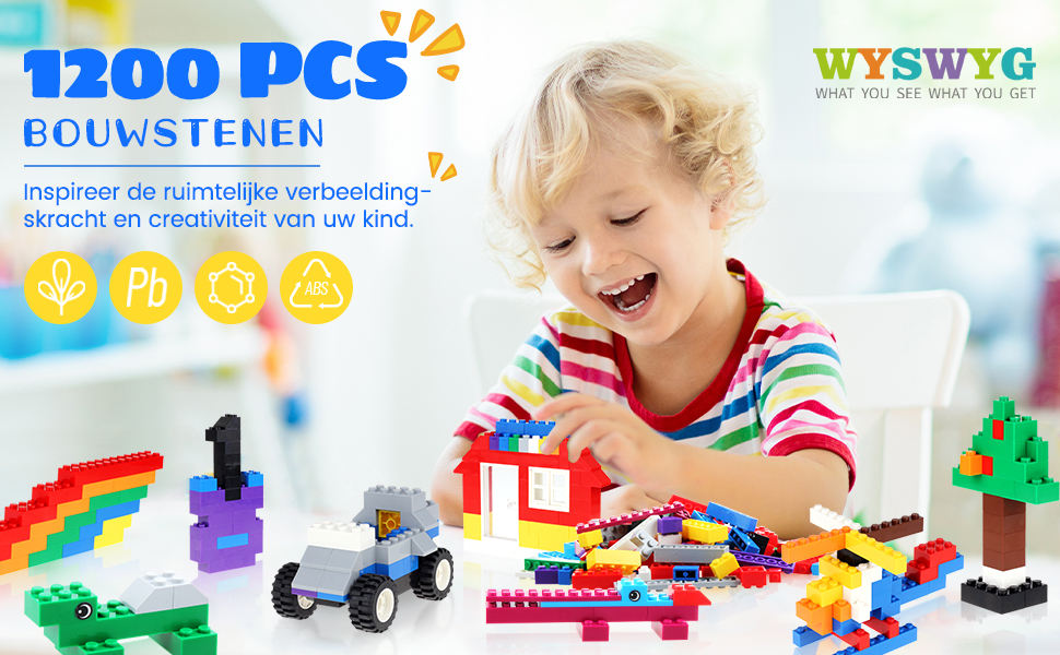 WYSWYG 1200 Stuks Klassieke Bouwstenen, 1,5 kg Basis Bouwstenen Set, Geschikt voor Jongens en ...