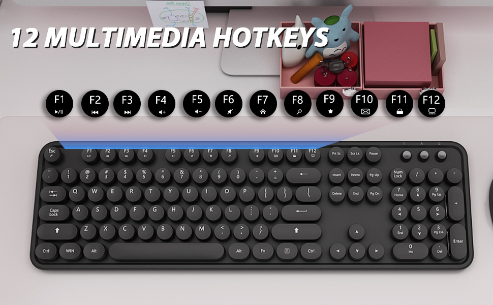 Wireless Keyboard And Mouse Combo Cute Full Size 104 Key Typewriter Retro Round