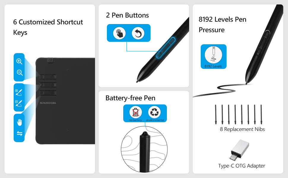 SPASEEBA Graphic Drawing Tablet T605, 6.7 * 4 inches Drawing Pad with Battery-Free Stylus 8192 ...