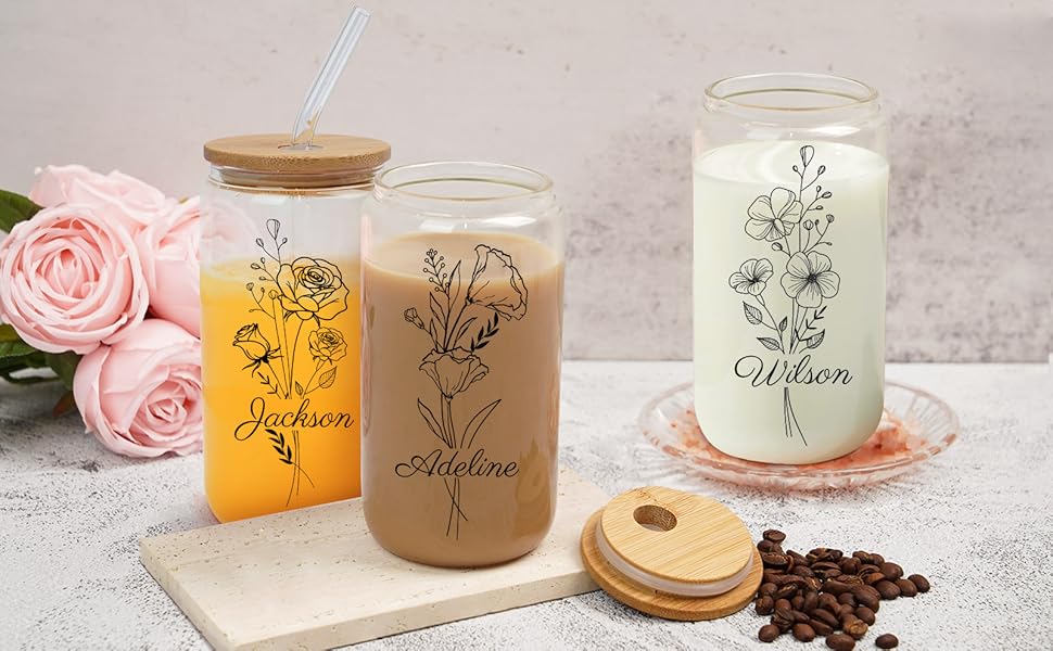 Amazon.com | Custom Glass Cup with Birth Flower - Personalized 16 Oz Cups with Names ...