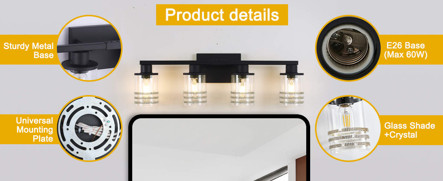 YYT 4 Light Bathroom Vanity Light Black 4-Light Bathroom Light Fixtures Over Mirror Vanity ...