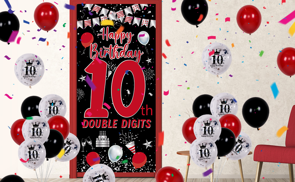 Amazon.com: 10th Birthday Decorations for Boys Girls, Red Black Double Digits Happy 10th ...
