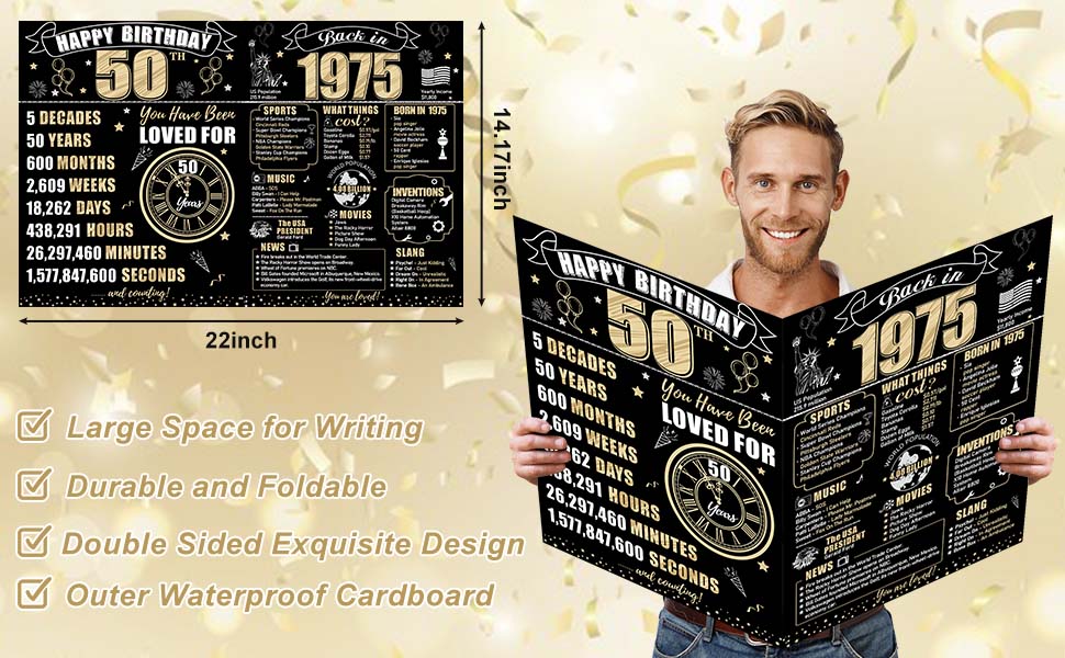 Amazon.com : Turypaty Large 50th Birthday Card With Envelope for Men Women, 1975 Black Gold ...