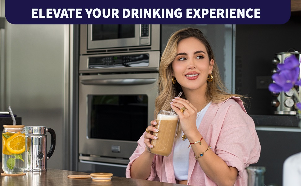 Buy KAMVY Beer Can Glasses with Bamboo Lids and Glass Straw, Drinking Cups 540ml, Iced Coffee ...