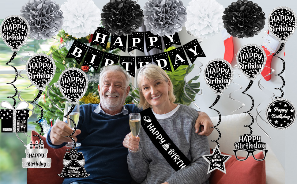 Amazon.com: Birthday Decorations Black Silver White, Happy Birthday ...