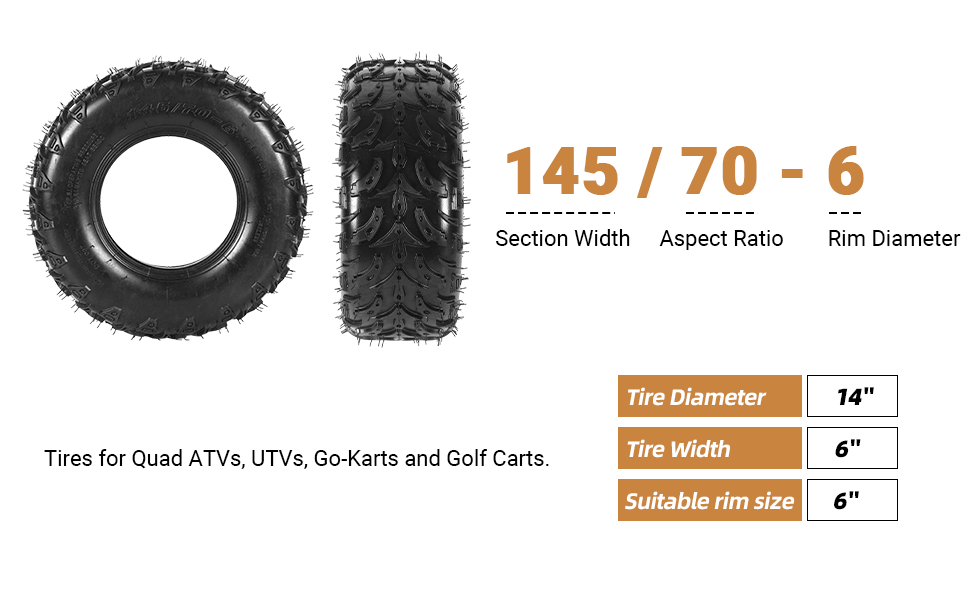 Amazon.com: AR-PRO (2-Pack) 145/70-6 Tires for ATV & Go-Kart Mini Bike, 4PR Tubeless Tires 145 ...