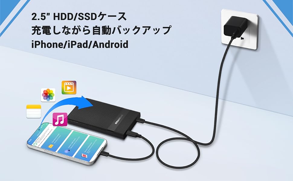 Amazon.co.jp: 充電しながら自動バックアップiPhone/iPad/Android 2.5インチ SSD HDD外付けケース ハードドライブケースType-C接続 5Gbps高速 ...