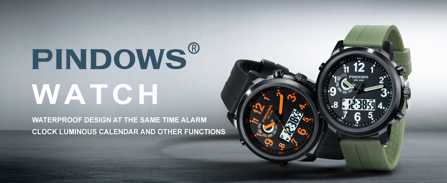 Amazon.com: PINDOWS Watch for Men, Waterproof Big Dial Analog Digital Sport Multifunction LED ...