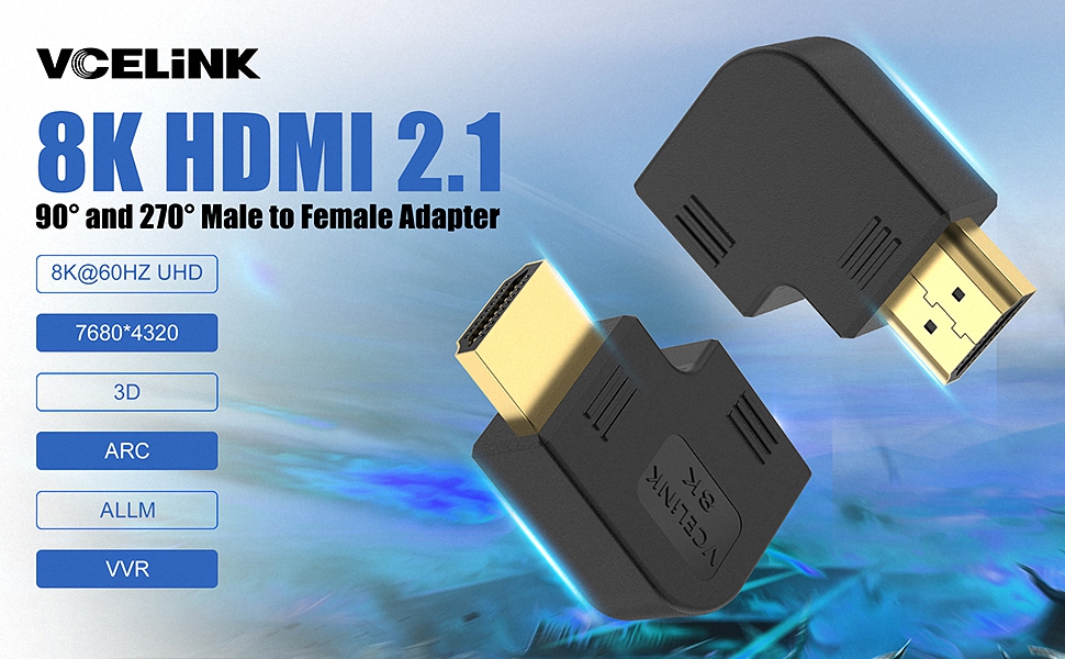 VCELINK 8K HDMI 90 Degree and 270 Degree Adapter, Flat HDMI 2.1 Right Angle Connector Male to ...