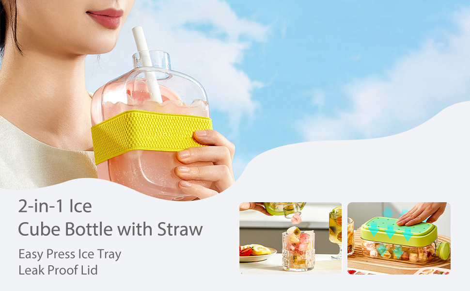 Crush Cup Ice Cube Bottle, Ice Cube Bottle with Straw, 2 in 1 Touch-Free Ice Cube Tray Water ...