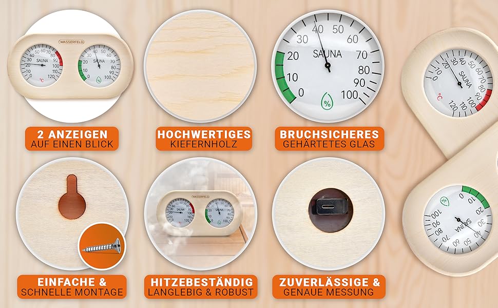 WASSERFELD® Sauna Thermometer Hygrometer [2in1 Funktion] Präzises Saunathermometer für eine ...