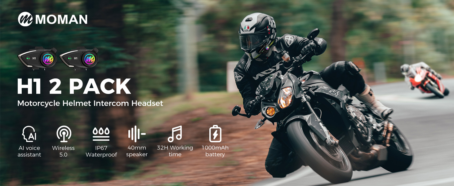 Moman Motorrad Intercom, H1 2 Stücke Motorradhelm Gegensprechanlage Wireless 5.0 ...