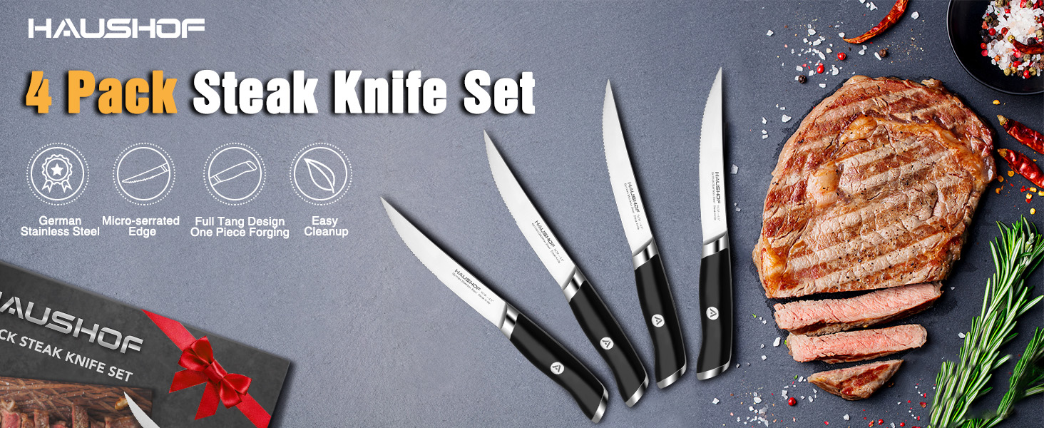 Amazon.com: HAUSHOF Steak Knives Set of 4, German Stainless Steel Premium Serrated Steak Knife ...