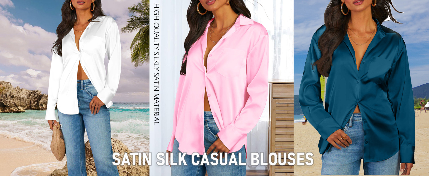 Amazon.com: Satin Shirts for Women Silk Blouse Button Down Black Shirt Blouses Up Long Sleeve ...