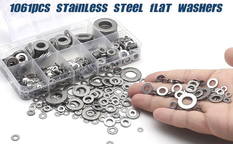 1061 Pcs 304 Stainless Steel Flat Washers, 9 Sizes Assortment for Screws and Bolts, Fender Set ...