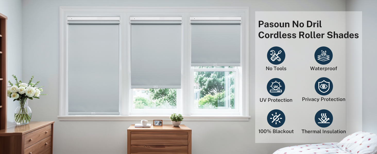 Amazon.com: Pasoun No Drill Cordless Roller Shades No Tools 100% Blackout Roller Windows Blinds ...