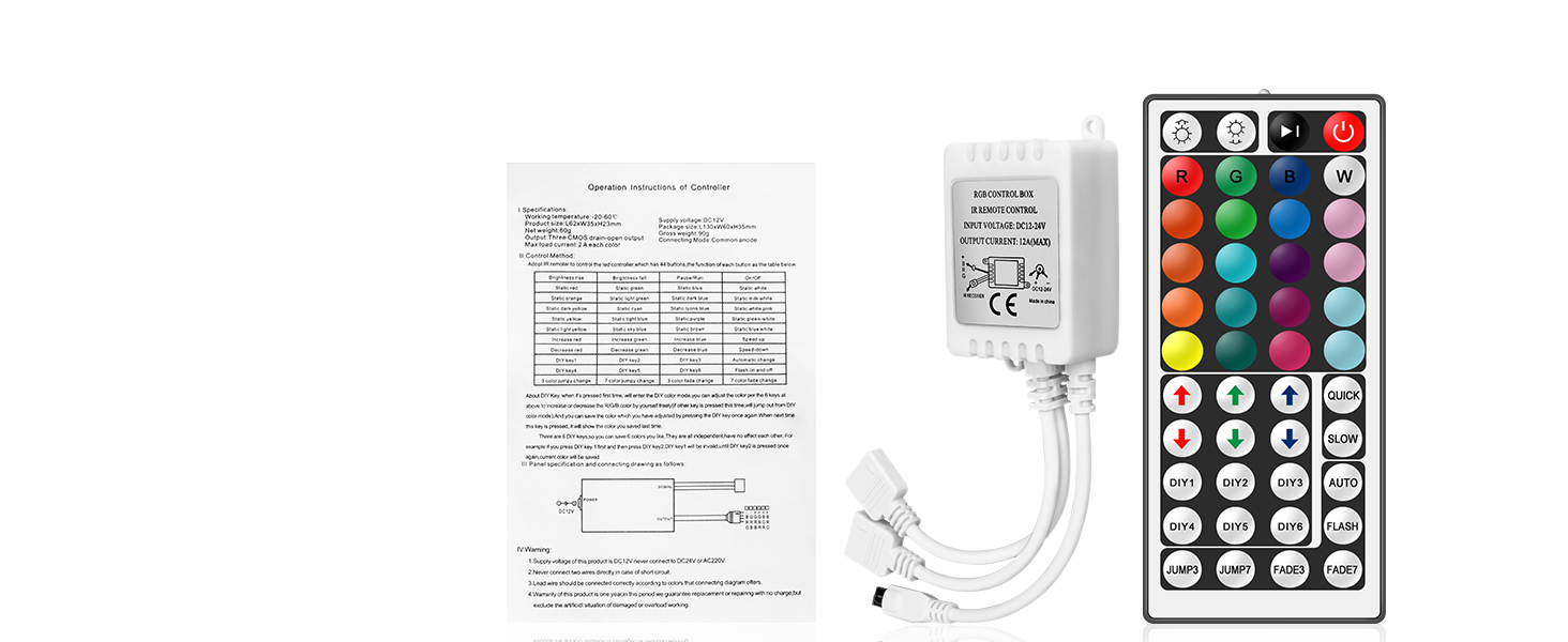 VIPMOON 44-Key LED Remote Controller DC 12V-24V 4 Pin 2 Ports RGB ...