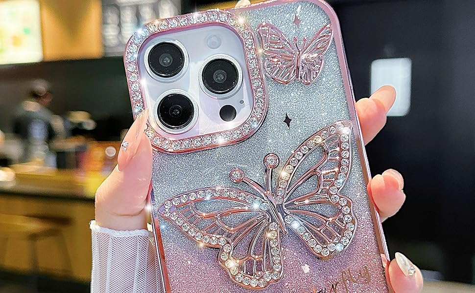 Amazon.com: iFiLOVE for iPhone 16 Pro Max Bling Butterfly Case, Cute Luxury Sparkle Glitter ...