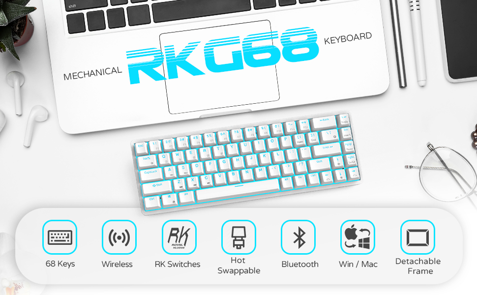 RK ROYAL KLUDGE RK G68 2.4Ghz Wireless/Bluetooth/Wired 65% Mechanical Keyboard, 68 Keys Hot ...