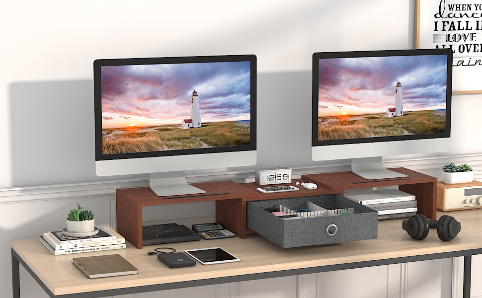 Amazon.com: YAOHUOO Monitor Stand with Storage Drawer for 2 Monitors ...