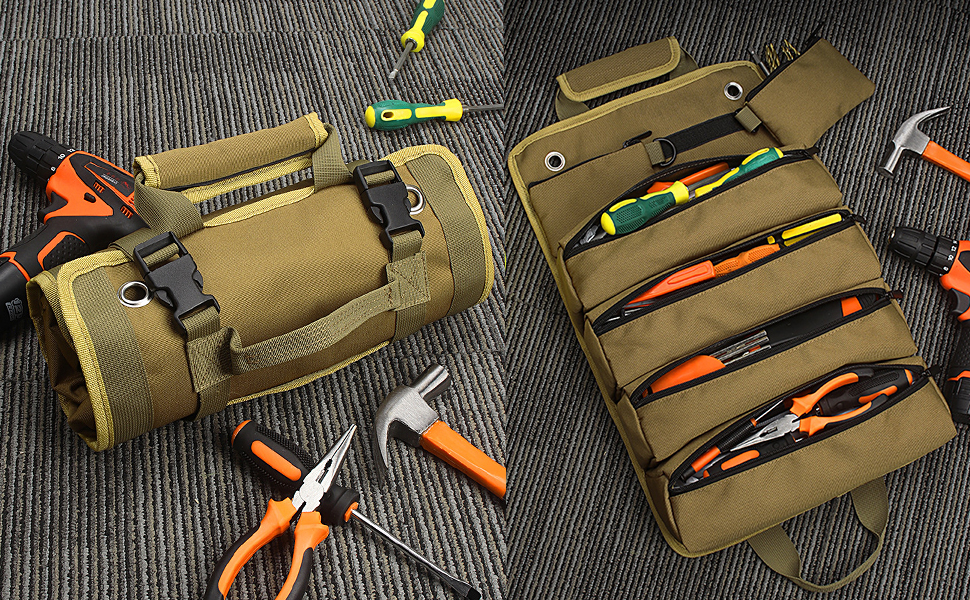 BQKOZFIN Roll Up Tool Bag, Heavy Duty Roll Up Tool Bag Organizer with 2 Detachable Pouches & 4 ...