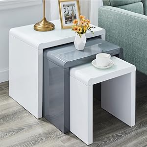 JaHECOME Nest of Tables Set of 3 Nesting Tables High Gloss Coffee Tables Stackable Design MDF ...