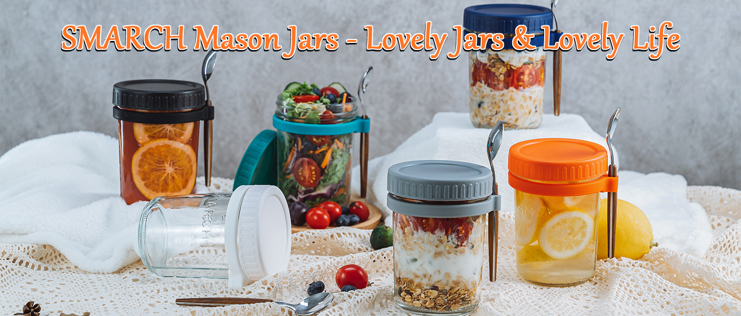 Amazon.com: SMARCH Overnight Oats Jars with Lid and Spoon Set of 2, 16 oz Large Capacity ...
