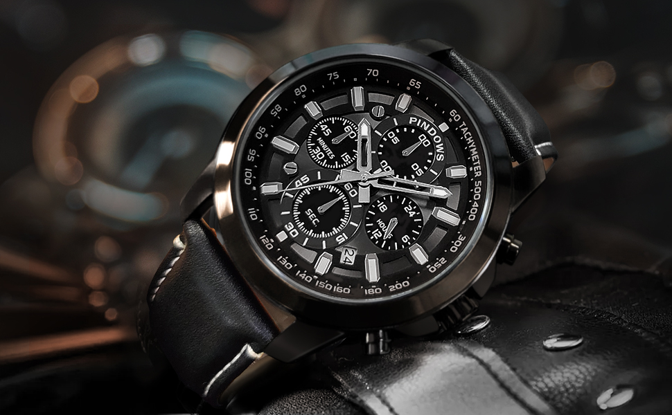 PINDOWS Watch for Men Analog Quartz Chronograph Waterproof Luminous Wrist Watches with Leather ...