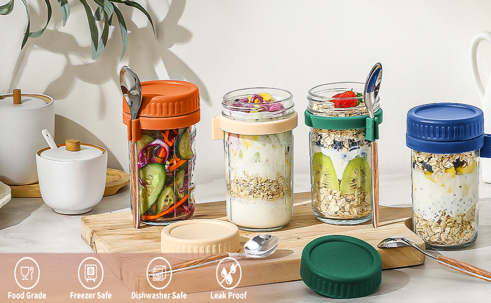 Amazon.com: 4 Pack Overnight Oats Containers with Lids and Spoons 16 Oz Glass Mason Jars for ...