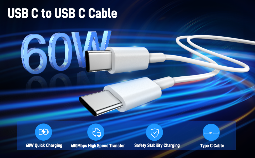 Lot de 3 câbles USB-C vers USB-C de 2 m, câble de charge rapide PD USB de type C 3 A/60 W, câble ...