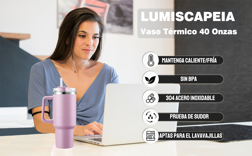 LUMISCAPEIA 40OZ Vaso Térmico con Asa, Termo al Vacío de Acero Inoxidable con Tapa y Pajita ...