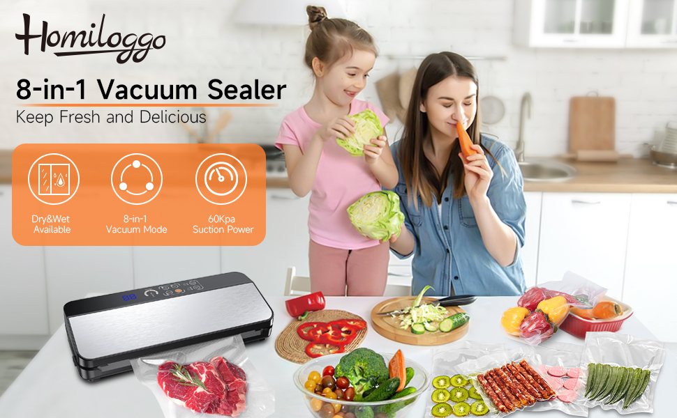 Homiloggo Food Vacuum Sealer Automatic Sealing Machine for Food Preservation Dry Moist Sealing ...