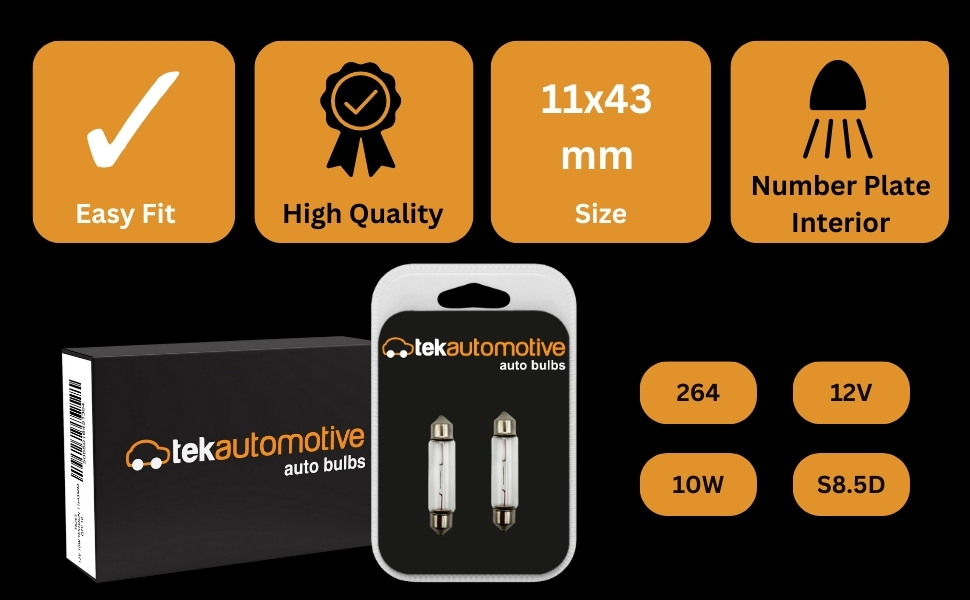 Tek Automotive 264 Number Plate Bulb, Interior Festoon Car Light Bulbs, 12V 10W S8.5D 265 ...