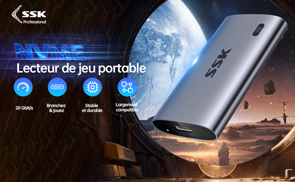 SSK SSD Portable 1 to, disques SSD externes jusqu'à 2000 Mo/s, Disque Dur Externe USB 3.2 Gen2X2 ...