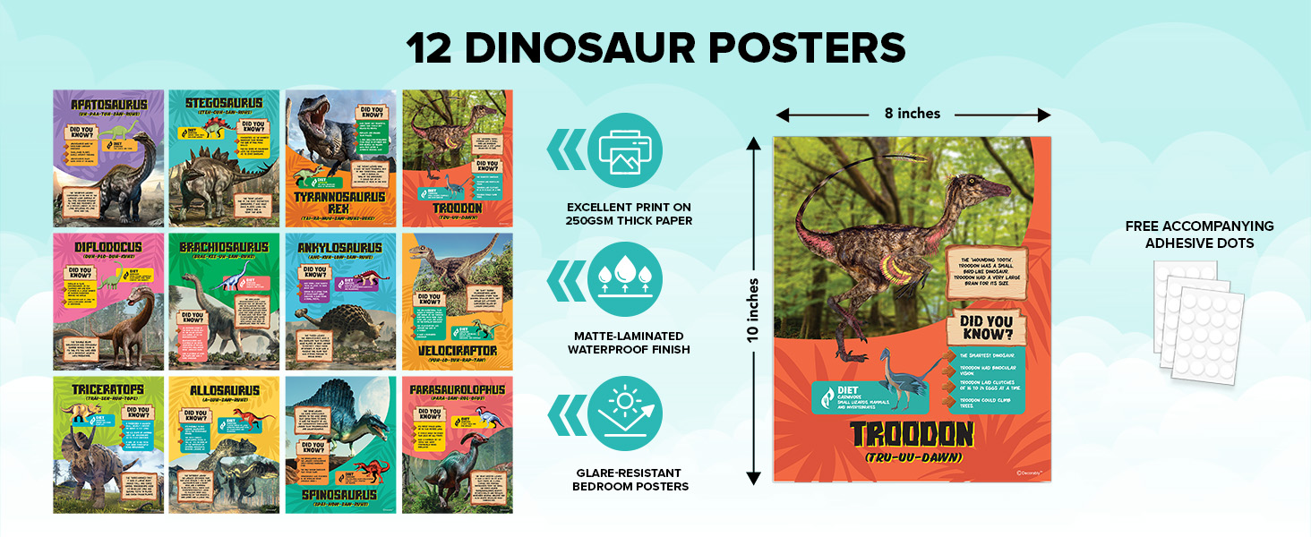 Amazon.com: Decorably 12 Dinosaur Poster, 8x10in Matte-Laminated ...