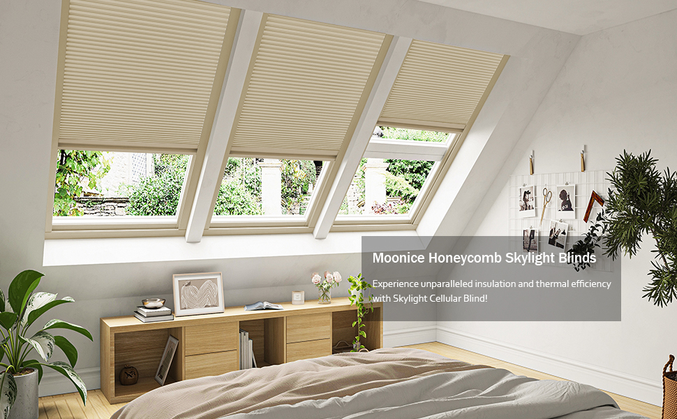Moonice Cordless Skylight Blinds Blackout Honeycomb Roof Blinds Cellular Pleated Shades for ...