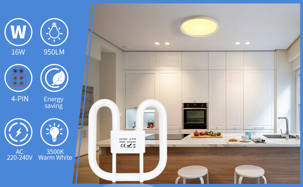 GR10Q 4-PIN 16W Compact Fluorescent Lamp Non-Dimmable Warm White 3500K, 230V, Recessed Ceiling ...