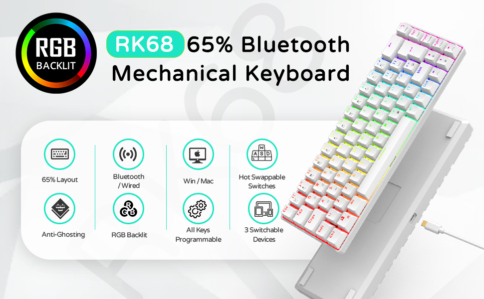 RK ROYAL KLUDGE RK68 UK Layout RGB 65% Hot-Swappable Wireless ...