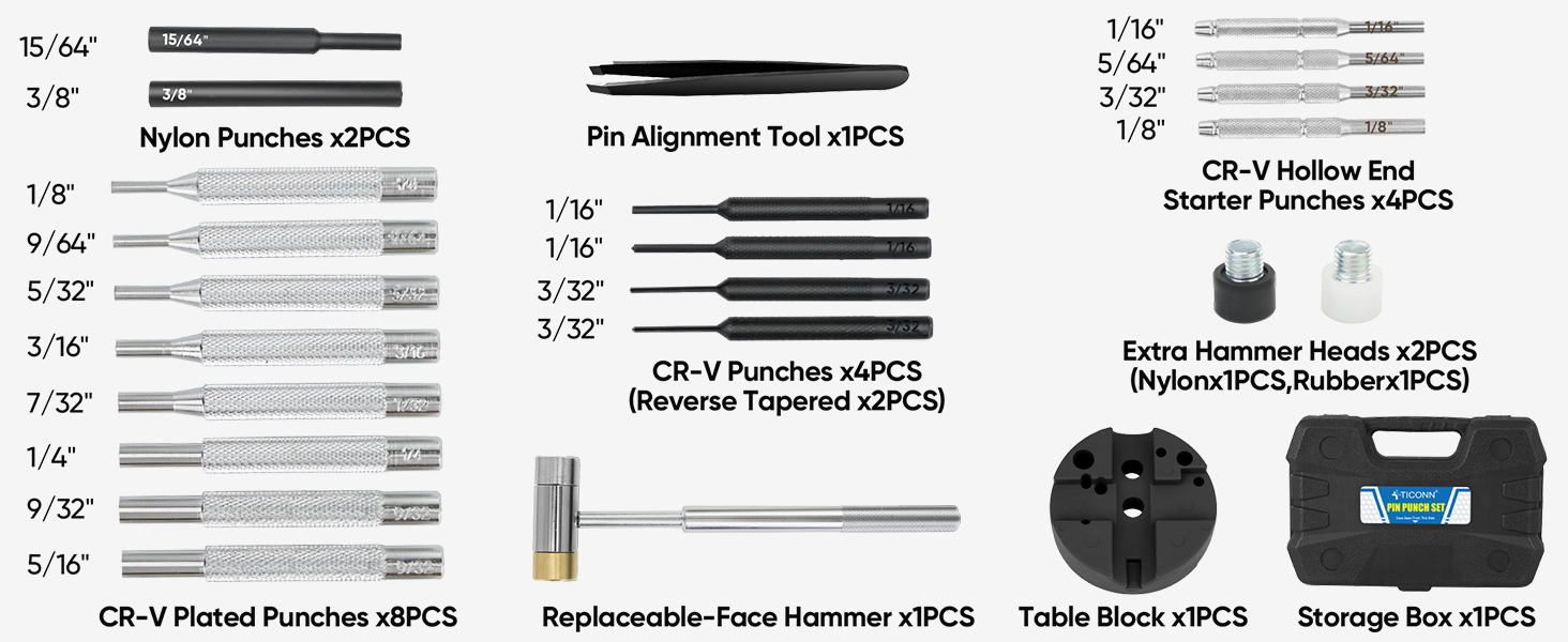 TICONN Pin Punch Set, Roll Pin Punch Tool Set Heat Treated for Extra ...