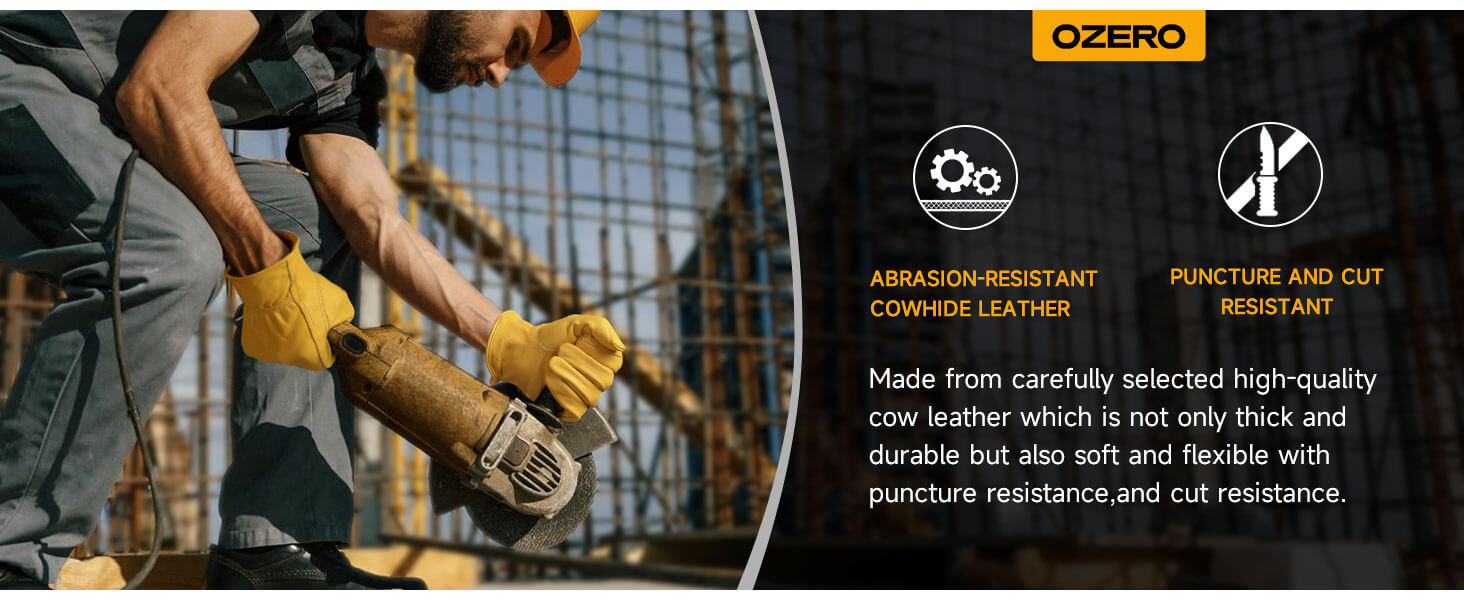 OZERO Flex Grip Leather Work Gloves Stretchable Tough Cowhide Working Glove 1 Pair (Gold, Medium ...