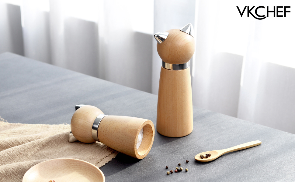 Amazon | VKCHEF ペッパーミル 木製ソルト&ペッパーグラインダー 黄色い猫 2個セット 手動 胡椒ミル 岩塩ミル コショウ ミル スパイスミル コンパクト | VKCHEF ...