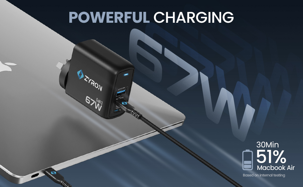 ZYRON 65W USB C Charger with GaN 3 Technology, Compact Travel Adapter, 3-Port 67W Fast Charging ...
