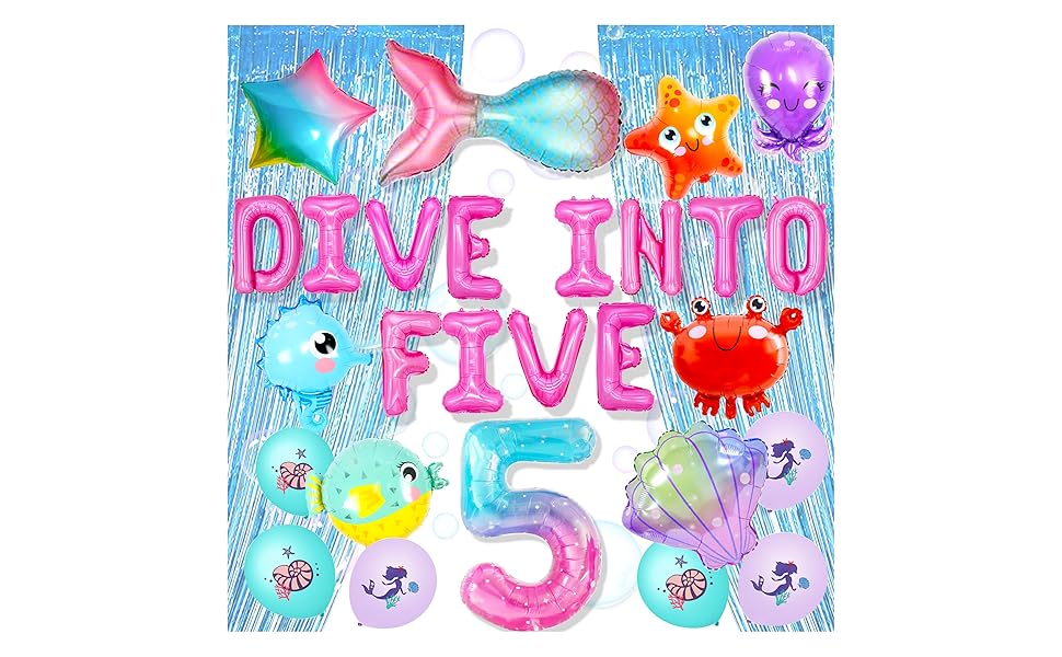 Amazon.com: LaVenty Mermaid Dive Into Five Birthday Decoration Balloons Dive Into Five Mermaid ...