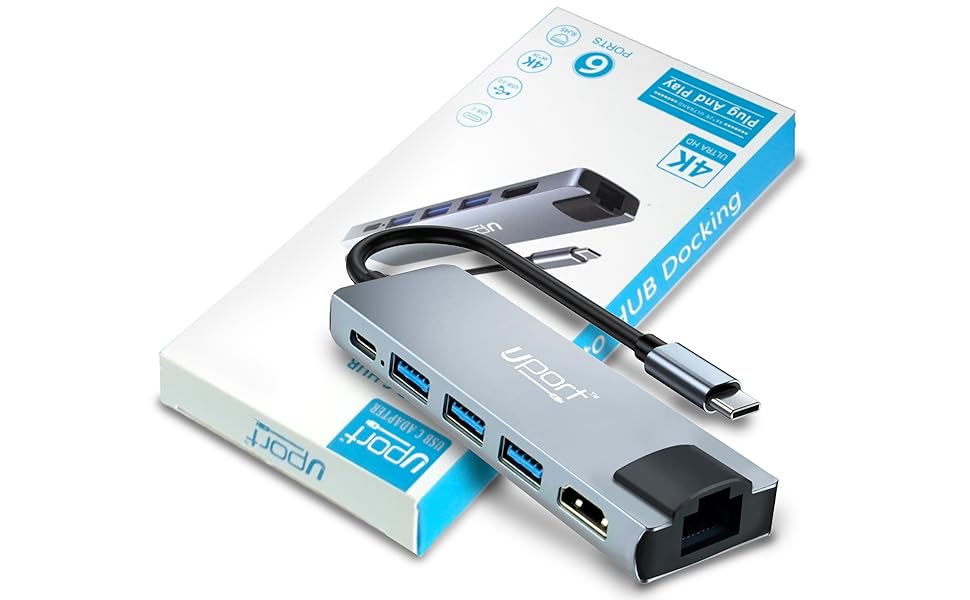 UPORT USB C Hub Multiport Adapter,6-in-1 USB C Hub Metal Shell with 4K 60Hz HDMI, 1Gbps RJ45 ...