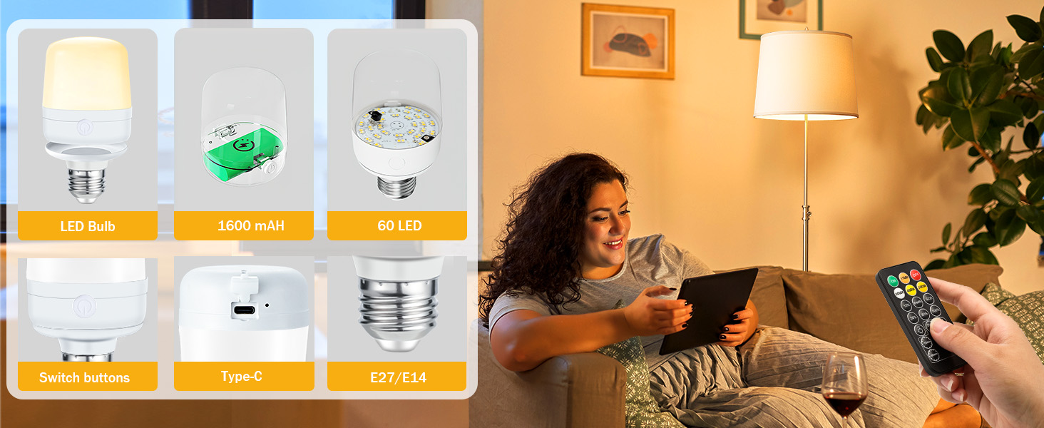 Joyes USB-C Rechargeable Lamp – 2 Pcs Battery Powered E14 Bulb with ...