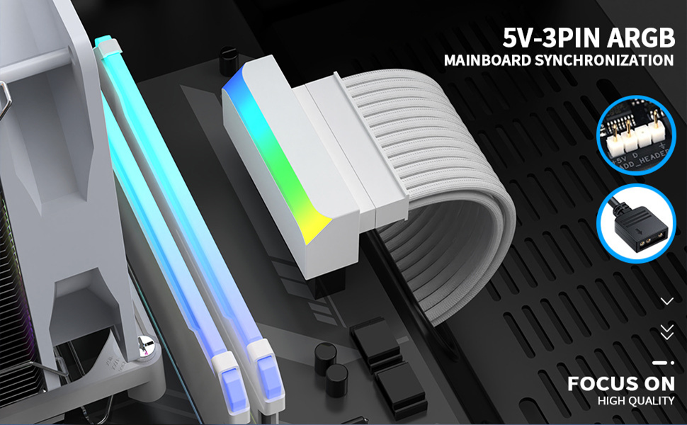 TZMRIT ATX Adaptateur d'alimentation 24 broches 90 degrés, 5 V 3 broches ARGB Rainbow Female to ...