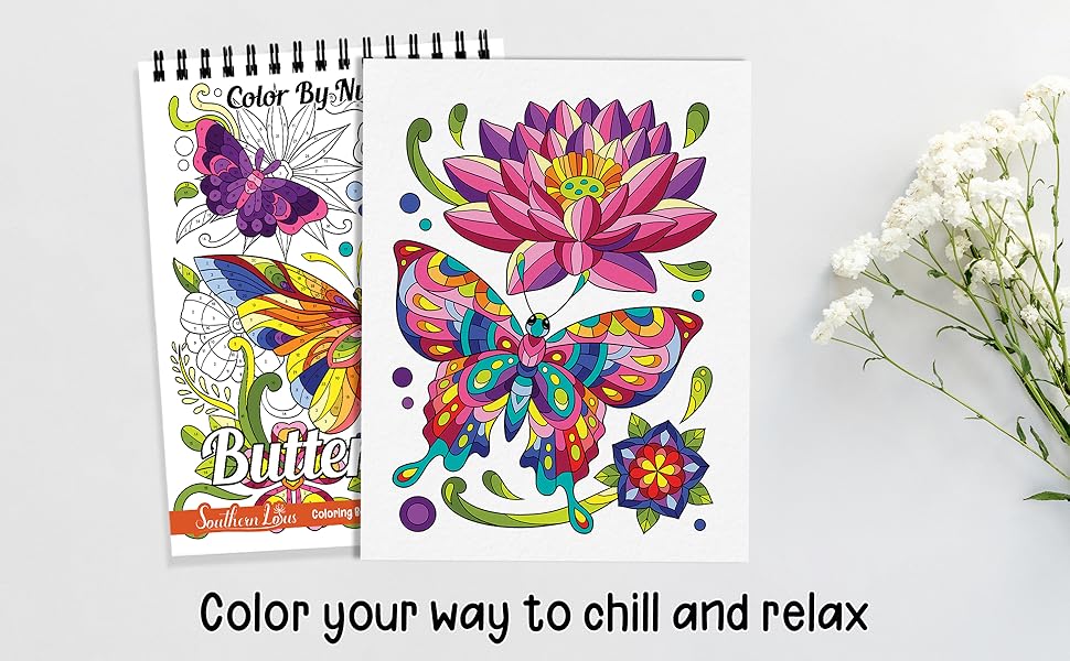 Amazon.com: SOUTHERN LOTUS Color by Number Butterfly & Flower Patterns Spiral Coloring Book ...