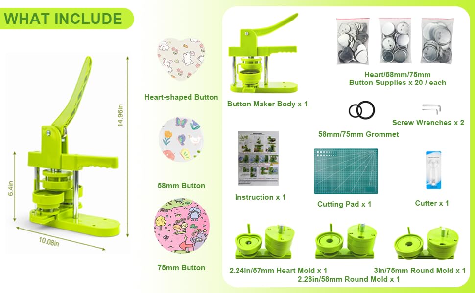 Amazon.com: Button Maker Machine Multiple Sizes 2.25in+3in+2.24in Heart-Shaped (58/75mm/Heart ...