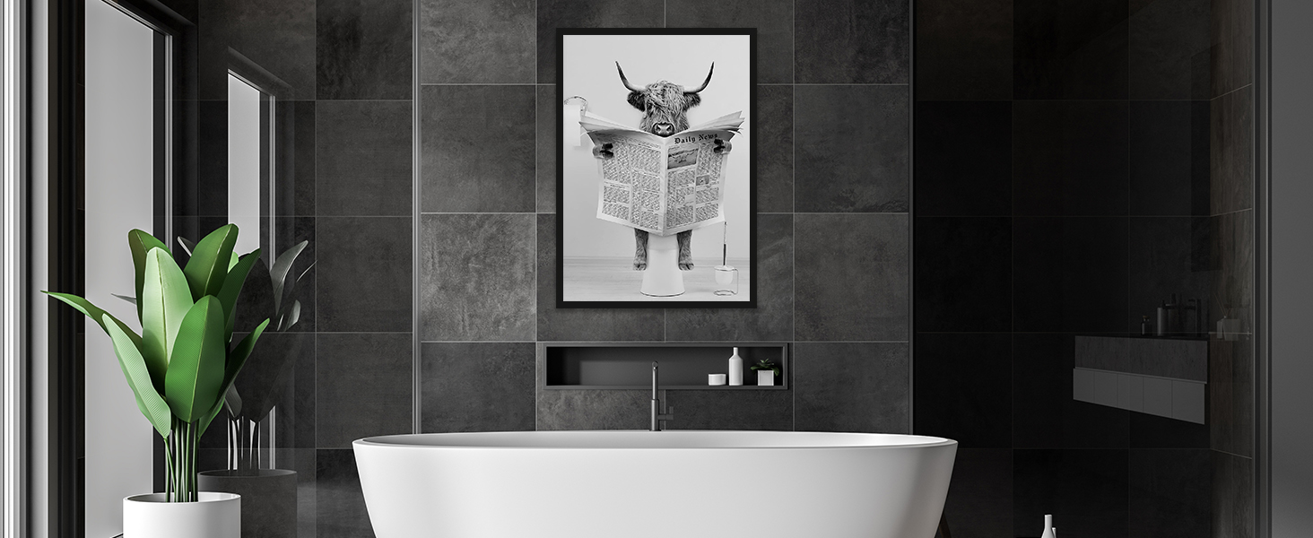 Amazon.de: MKHFUW Schwarz Gerahmt Badezimmer Dekorative Malerei, Hochland Kuh Gerahmt Wandkunst ...