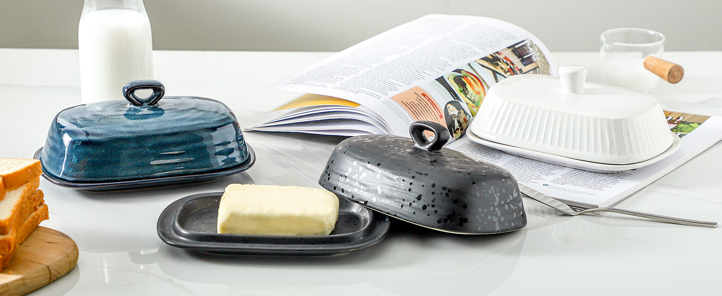 Amazon.com | Hasense Butter Dish with Lid, Porcelain Butter Container with Handle for Countertop ...